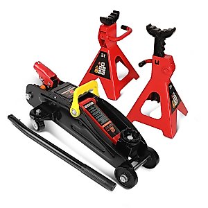 Auto Dynasty 2 Ton Floor Jack with Jack Stands, Heavy Duty Steel Hydraulic Racing Floor Jack with Single Piston Quick Lift Pump, Hydraulic Trolley Service Car Jack, Red/Black