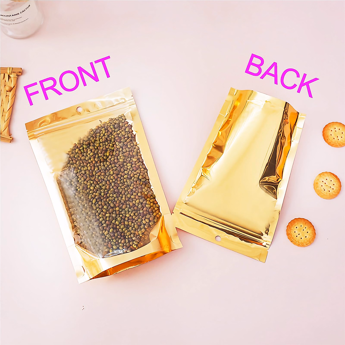 100 Pack Smell Proof Bags with Clear Front Window, 4 x 6 Inches Resealable Stand Up Food Storage Bags Packaging Foil Mylar Pouches for Small Business, Foods, Party Favors (Gold (4x6+2.4 inch)