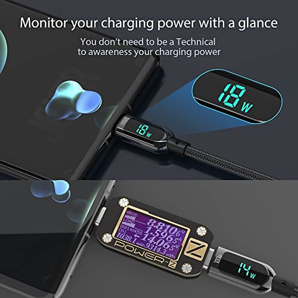 SOOPII 100W 4ft USB C to USB C Cable Fast Charge, Nylon Braided Type-C Cable with LED Display for lPad Air/lPad Pro, MacBook Pro, Samsung Galaxy S21/S10/S9/Plus (Black)