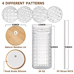 Hyperspace 4Pack Glass Tumblers with Bamboo Lids and Straws, 24 OZ Wide Mouth Mason Jar Drinking Glasses Travel Bottles with Varitey of Patterns for Multi Use