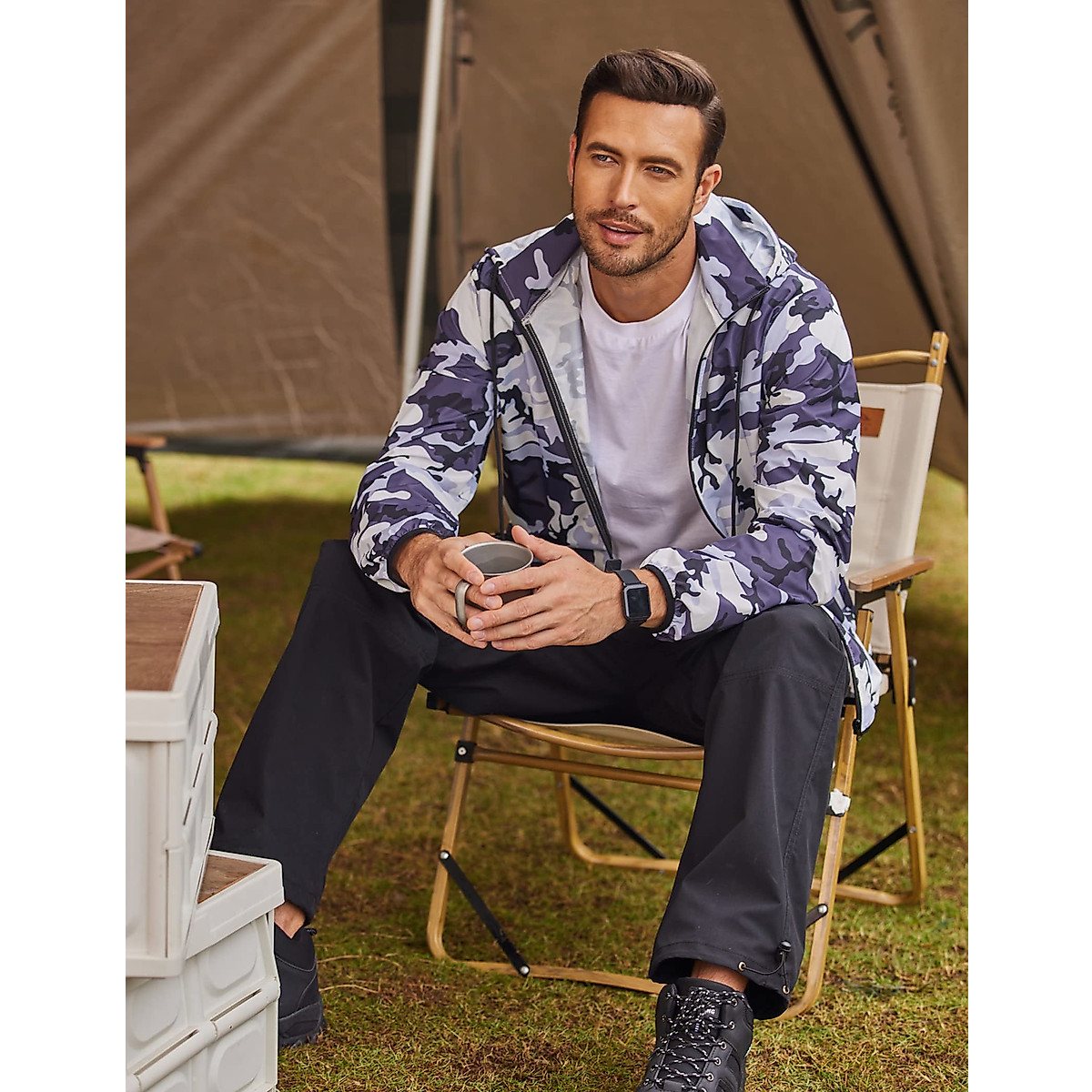 COOFANDY Rain Coats for Men Packable Rain Jacket Waterproof Rain Coat Breathable Rainproof Jacket Camo Small