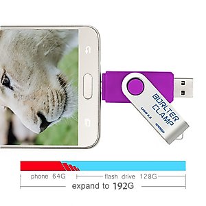 BorlterClamp 128GB USB 3.0 Flash Drive Dual Port Memory Stick, OTG Swivel Pen Drive with Micro USB Drive Port for Android Smartphone Tablet & Computer (Purple)