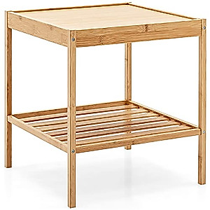 Giantex Bamboo Nightstands Set of 2, Square Bedside Table with Storage Shelf, Natural Wood End Side Table for Bedroom Home Office, Easy Assembly (2)