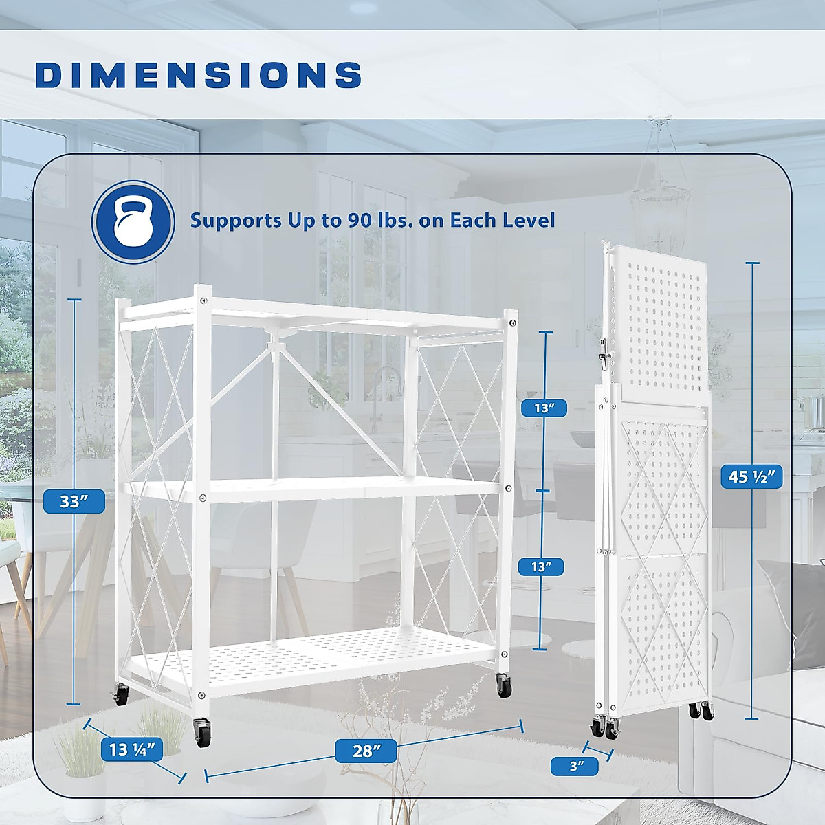 Lifetime Home 3-Tier Foldable Storage Shelf with Wheels - Metal Collapsible Shelving Unit Display, Rolling Cart for Books Kitchen Storage Shelves, Pantry & Closet Organizer, Office Room Decor - WHITE
