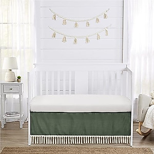 Sweet Jojo Designs Dark Green Boho Boy Girl Gender Neutral Baby Crib Skirt Bed Dust Ruffle Bedskirt Straight Nursery Hunter Sage Modern Bohemian Farmhouse Southwest Shabby Chic Fringe Diamond Tuft
