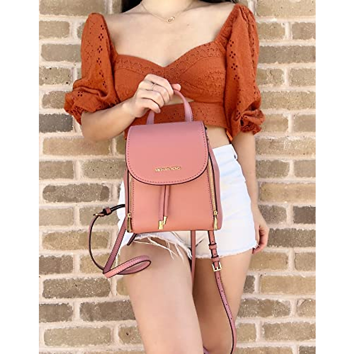 Michael Kors Phoebe XS Rose Pink Smooth Leather Flap Drawstring Backpack