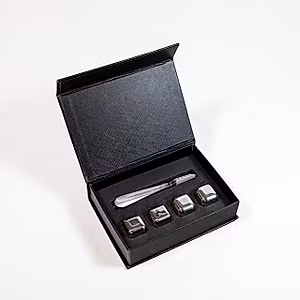 Whiskey Stones Stainless Steel Gift Set for Men, Dad - Reusable Waterless Cooling Ice Cubes with Tongs for Drink, Beverage, Bourbon, Coffee - 4 Pcs with Tongs in Box