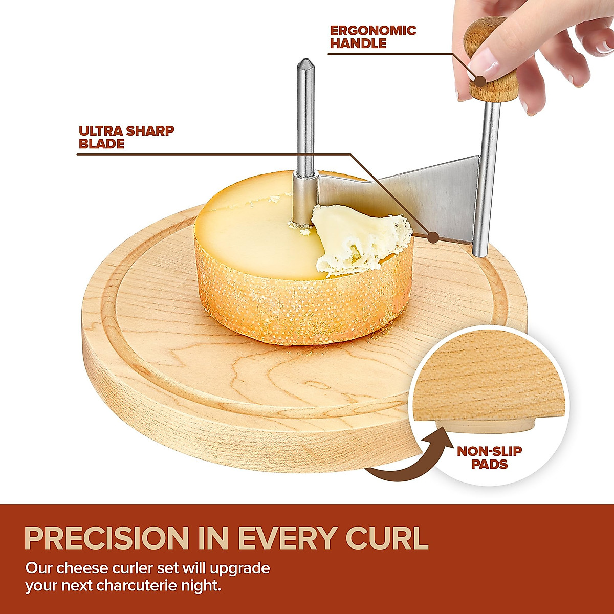 Modern Innovations Cheese Curler, Tete de Moine Cheese Curler, Cheese Shaver for Hard Cheese and Chocolate, Girolle Cheese Shaver, Wood Cheese Curler with Stainless Steel Knife and Acrylic Lid