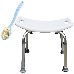Bath Shower Safety Chair Seat with Bath Brush, Adjustable and Anti-Slip Bench Bathtub Stool for Elderly or Seniors (WhiteShowerChair-BathBrush)