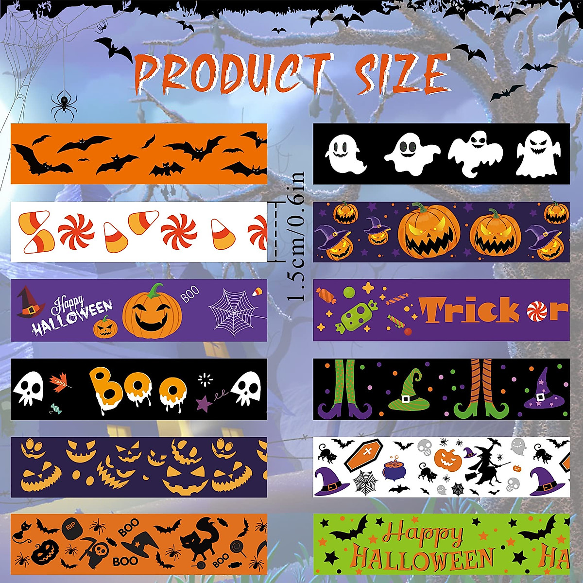 SANNIX 12 Rolls Halloween Washi Tape 15mm Wide Halloween Pumpkin Ghost Bat Masking Tape for DIY Crafts and Scrapbooking