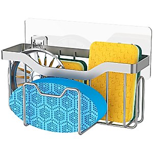 MURLONG Sink Caddy Sponge Holder for Kitchen Sink, Kitchen Sink Organizer 304 Stainless Steel for Dish Brush, Sponge, Soap Scrubber, Sink Stopper with Adhesive 2 Installation Ways-Silver