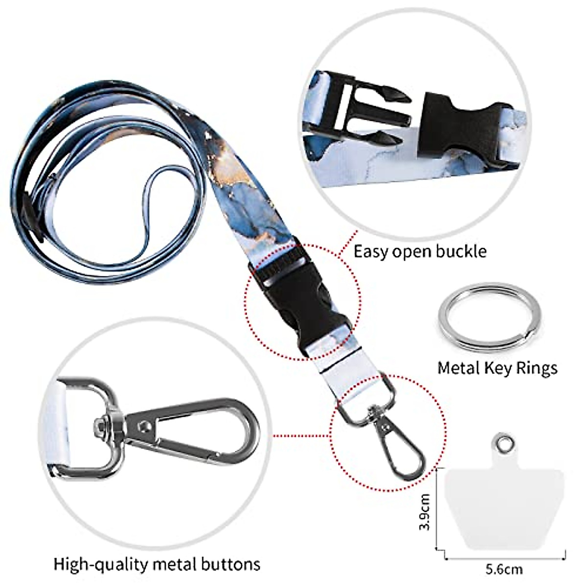 Dutyway Cell Phone Lanyard, Universal Crossbody Adjustable Detachable Neck Strap, Durable Cool Black Marble Compatible with Most Smartphones Badge Key Card Holder for Men Women (4-Piece Set)