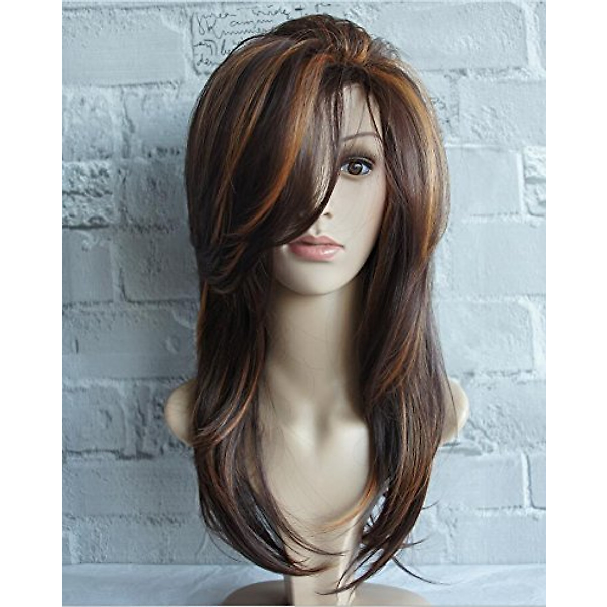 wigbuy Long Layered Shoulder Length Brown with Camel color Highlight wig Synthetic Hair Fiber Highlight Multicolor Wigs for White Women