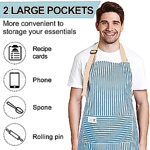 Janmercy 24 Pcs Aprons for Women Men with 2 Pockets Linen Cooking Kitchen Apron Adjustable Bib Chef Apron Bulk Aprons Unisex (Brown/Blue Stripes)