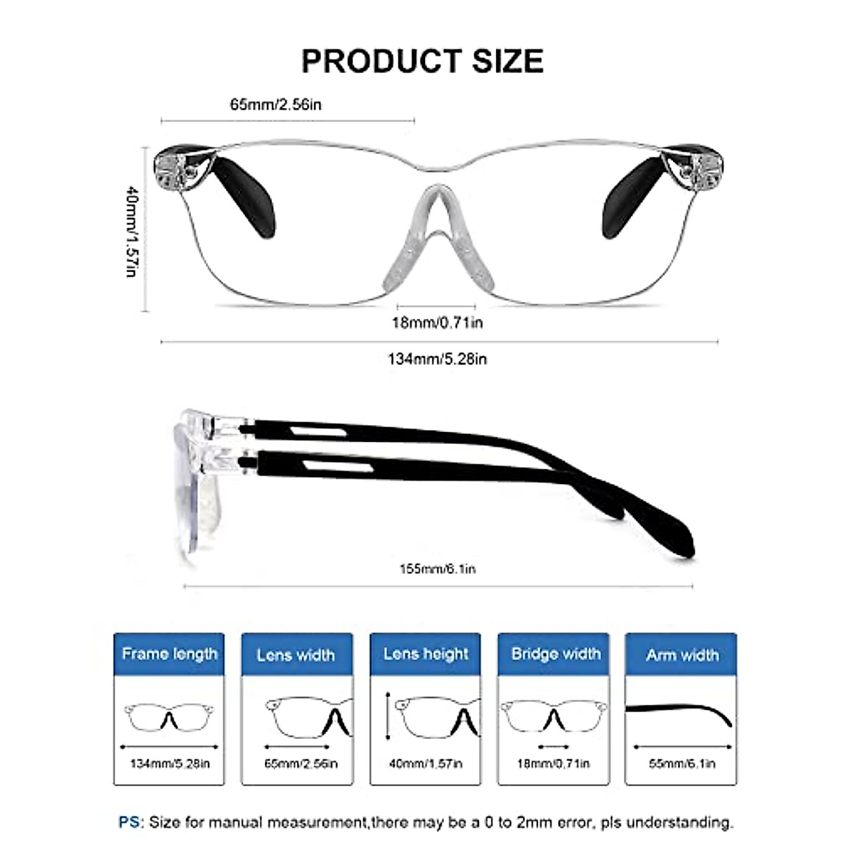 OKH 160% Magnifying Glasses Wearable Magnifier Hands-Free for Close Work Reading Sewing Hobby Craft, Light Weight(Non Lights, 1Pack)