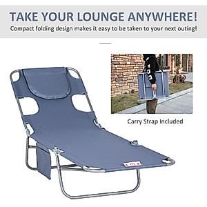 Outsunny Folding Beach Lounge Chair with Face Hole and Arm Slots, 5-Level Adjustable Sun Lounger Tanning Chair with Pillow for Patio, Garden, Beach, Pool, Gray