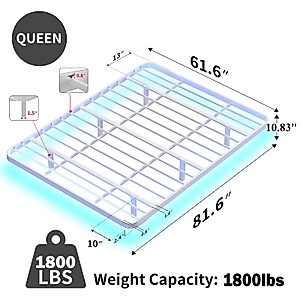 Meitewei White Floating Bed Frame Queen with LED Lights, 10.8" Metal Platform Bed Frame with Heavy Duty Steel Slats, No Box Spring Needed, Noise-Free, Easy to Assemble, Capacity 1800lbs