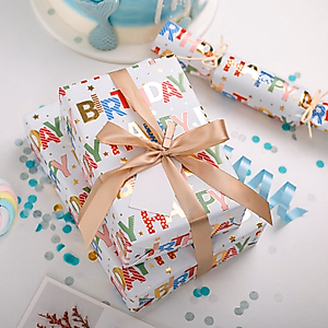 Merture Colorful Wrapping Paper Roll, Happy Birthday Gift Wrap - 17 In X 32.8 Ft - 1 Roll (46.5 sq.ft.ttl.) Foil Happy Birthday Lettering & Candles Wrapping Paper for Birthday, Baby Shower, Party
