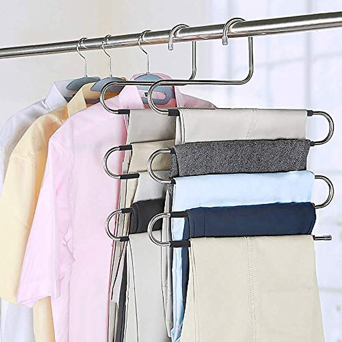 Myfolrena Pants Hangers Non Slip Updated S-Shaped 5 Layers Hangers Closet Space Saver for Jeans Scarf Tie Clothes(6 Pack Grey+4 Pack Black)