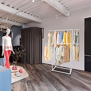 Fishat Simple Standard Double Rod Clothing Metal Garment Rack, Rolling Clothes Organizer on Lockable Wheels (White)