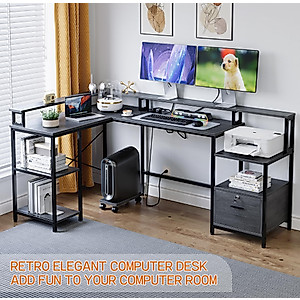 IDEALHOUSE L Shaped Desk - 76" Reversible L Shaped Computer Desk with File Drawer, Office Desk with Power Outlet, L Shaped Gaming Desk with Monitor Shelf, Corner Desk for Home Office, Grey Oak