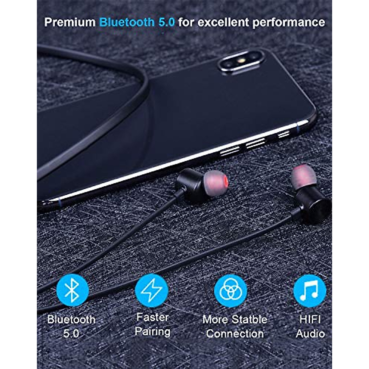 NANAMI Bluetooth Earbuds, 5.0 Bluetooth Wireless Headphones, IPX7 Waterproof, in-Ear Earphones with Mic, HiFi Stereo Deep Bass Headsets, Magnetic Neckband, 15 Hours Playtime for Gym (Black with Red)