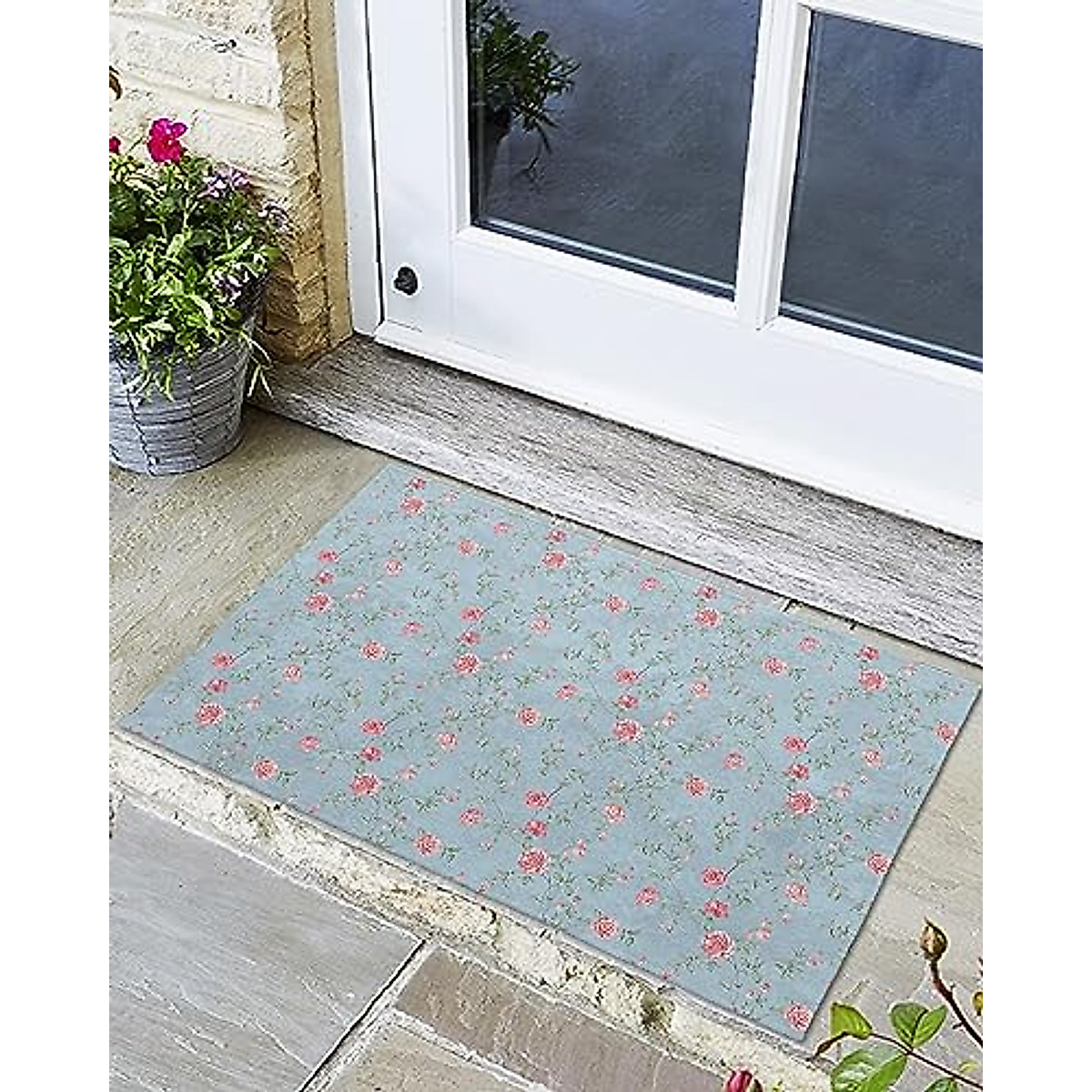 Indoor Outdoor Mats, Rustic Simple Floral Tile Pattern Door Mat, Non-Slip Absorbent Resist Dirt Entrance Mat Washable Welcome Mats for Entryway, Low-Profile Floor Mats