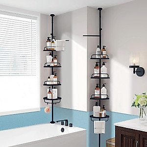 MeowWoof Corner Shower Caddy Tension Pole, 4-Tier Adjustable Shower Shelves, Rustproof Bathroom Shower Organizer, Floor Standing Bath Rack with Rod