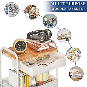 SNTD 3 Tier Rolling Utility Cart with Wheels - Storage Cart with Wood Table Top and Drawer, Metal Art Cart for Kitchen, Office, Classroom (White)