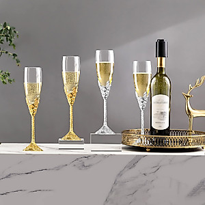 Jozen Gift Gold Champagne Flutes - Crystal Glasses&Metal Base With Crystal Stone, Set of 2 Toasting Flute Pair, Wedding Anniversary, Party Birthday Banquets Gifts for Bride and Groom 6 oz