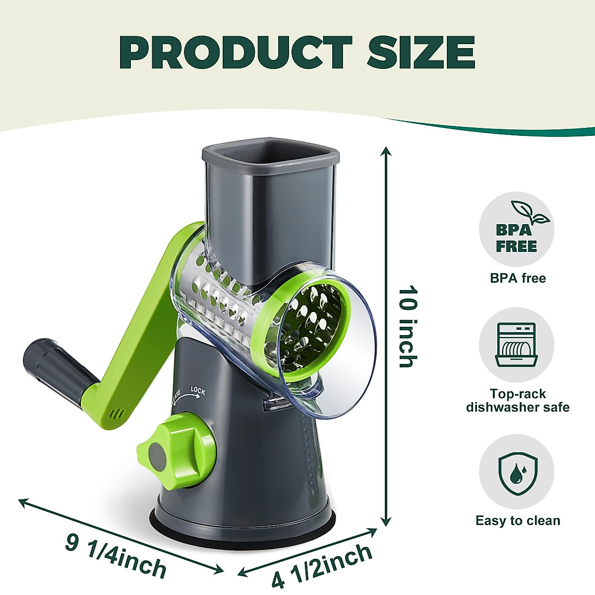Cheese Grater with Handle, Kitchen Manual Cheese Shredder with 3 Interchangeable Blades, Rotary Cheese Grater Handheld with Strong Suction Base, Vegetable Slicer Nuts Grinder with Clean Brush
