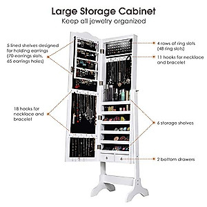 Giantex Jewelry Armoire Organizer Box with Mirror & 2 Drawers, Lockable Floor Standing Jewelry Cabinet with 14 Auto-on LED Lights, Full Length for Bedroom (White)
