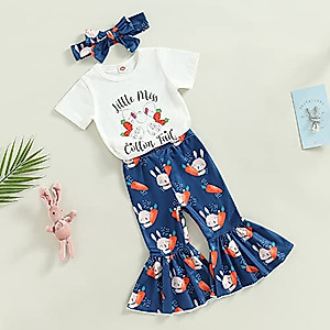 Baby Girl Easter Outfits Short Sleeve Bunny Egg Print T-Shirt Long Flare Pants Clothing Set Toddler Summer Outfit (Blue+White,4-5T)