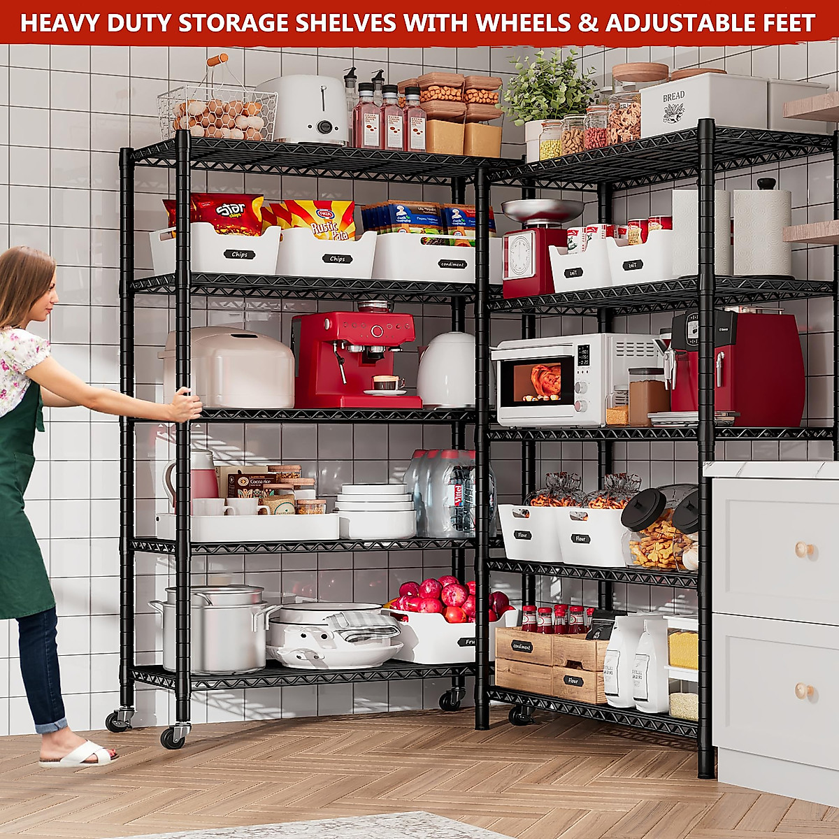 REIBII 72''W Wire Shelving Loads 2100LBS,5 Tier Metal Shelving with Adjustable Storage Shelves 36''W Garage Shelving Heavy Duty with Wheels Metal Shelves for Storage Rack 2PC,76''HX36''WX16''D