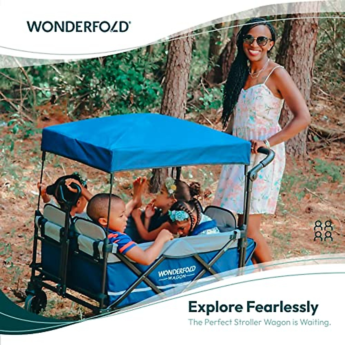 WONDERFOLD X4 Navy Multi-Function 4 Passenger Quad Push and Pull Folding Stroller Wagon, Adjustable & Removable Canopy, Double Seats with 5-Point Harness, Navy