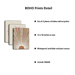 Boho Prints Sun Wall Art - Mid Century Moon Phase Canvas Paintings for Home Decoration Bohemian Framed Abstract Artwork 3PCS 12x16 Inches Pictures for Teens Bedroom Dorm Living Room Bathroom Painting
