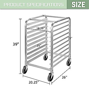 HALLY SINKS & TABLES H Bun Pan Rack 10 Tier with Wheels, Commercial Bakery Racking of Aluminum for Full & Half Sheet - Kitchen, Restaurant, Cafeteria, Pizzeria, Hotel and Home, 26" L x 20" W x 38" H