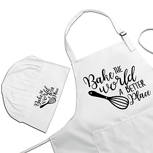 DYJYBMY Bake The World A Better Place Chef Hat and Apron Set, Funny Chef Hat for Woman, Funny Cooking Grilling Apron Gift for Woman Sisters, Sister, Mom, Pastry Chef, Friends, White Adjustable Size