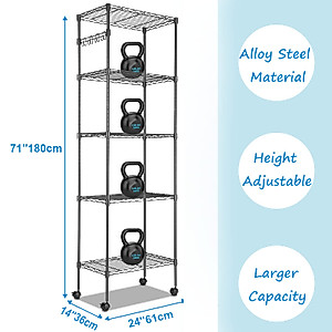 Devo Shelving Unit, Heavy Duty Shelving, Storage Shelves with Wheels, Metal Storage Rack for Laundry Bathroom Kitchen Garage Pantry Organization (24" * 14" * 71", Black)