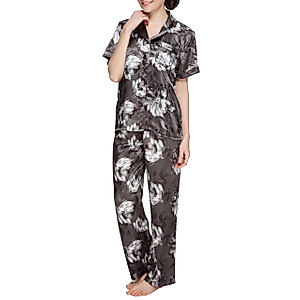 Lavenderi Women's Short Sleeve Classic Satin Pajama Set（X-Large,Silver