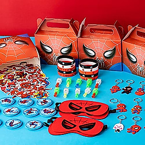 Spider Birthday Party Supplies,110Pcs Party Favors,Include 10 Button Pins,10 Finger Lights,10 Keychain,10 Spider Masks,50 Stickers and 10 Gift Boxes for Kids,Best For Fill Up the Goodie Bags for Spider Themed Party
