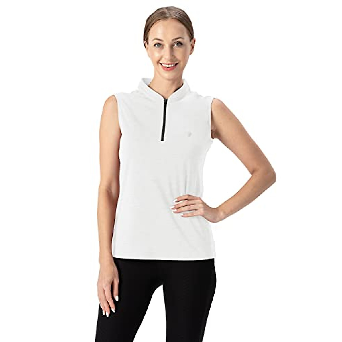 YSENTO Women's Golf Clothes Apparel Shirts Outfits Sleeveless 1/4 Zip Collarless Dry Fit UPF 50+ Tennis Polo Tank Tops White Size L