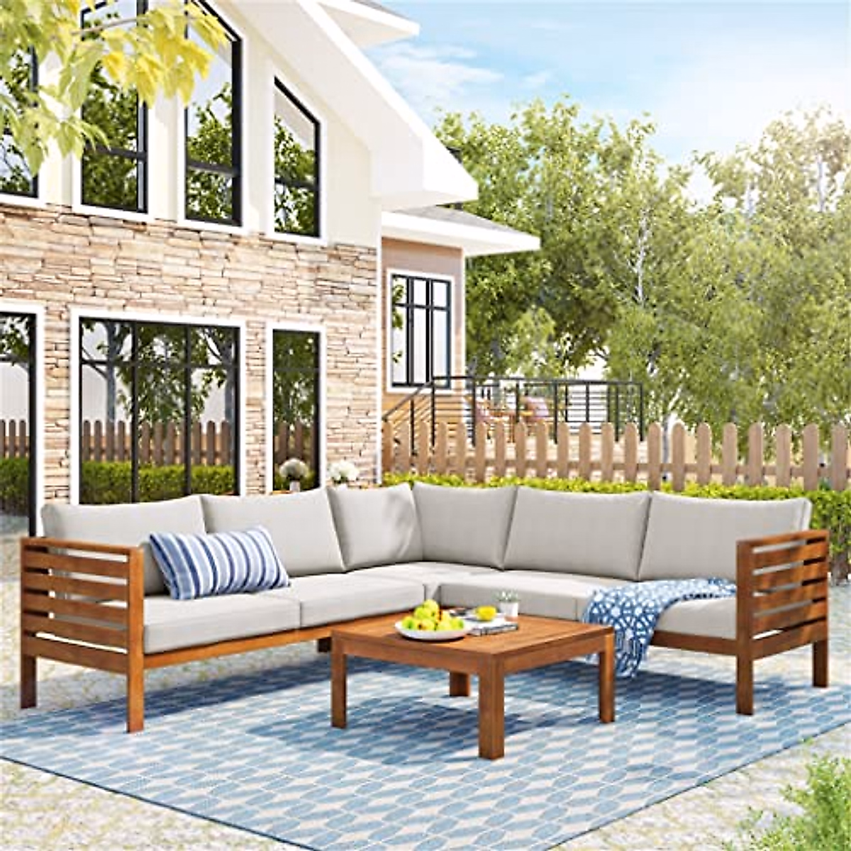 QUUL Wooden Outdoor Sofa Combination, Double Sofa with Gray Cushion and Waterproof Texture (Color : E, Size : As Shown)