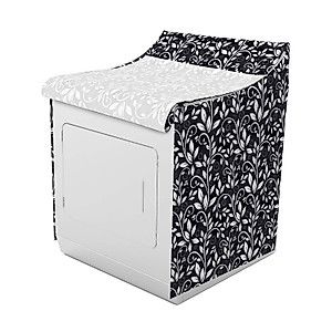 Lunarable Leaves Cover for Washer and Dryer, Botanical Illustration with Swirled Branches Foliage on Dark Backdrop, Suitable for Dryer and Washing Machine, 29" x 28" x 40", Grey Black and White