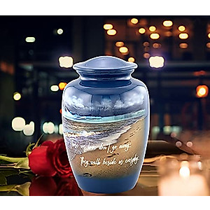 Footprints Urn, Footprints Cremation Urn for Ashes, Hand Painted Adult Beach Urn, Handmade Beach Cremation Urn with Velvet Bag (Large)
