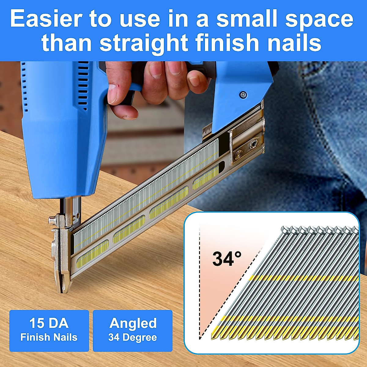 SimCos 15 Gauge 34-Degree DA Series Angled Finish Nails, (1-1/4", 1-1/2", 2", 2-1/2"), Galvanized Assorted Size Project Pack for Pneumatic, Electric Angled Finish Nailer or Nail Gun (Assembly 1200)
