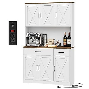 HOSTACK 71" Pantry Cabinet with Charging Station, Tall Kitchen Pantry Storage Cabinet with Microwave Stand, Farmhouse Kitchen Hutch Cabinet with Storage Drawers for Living Room, Dining Room, White
