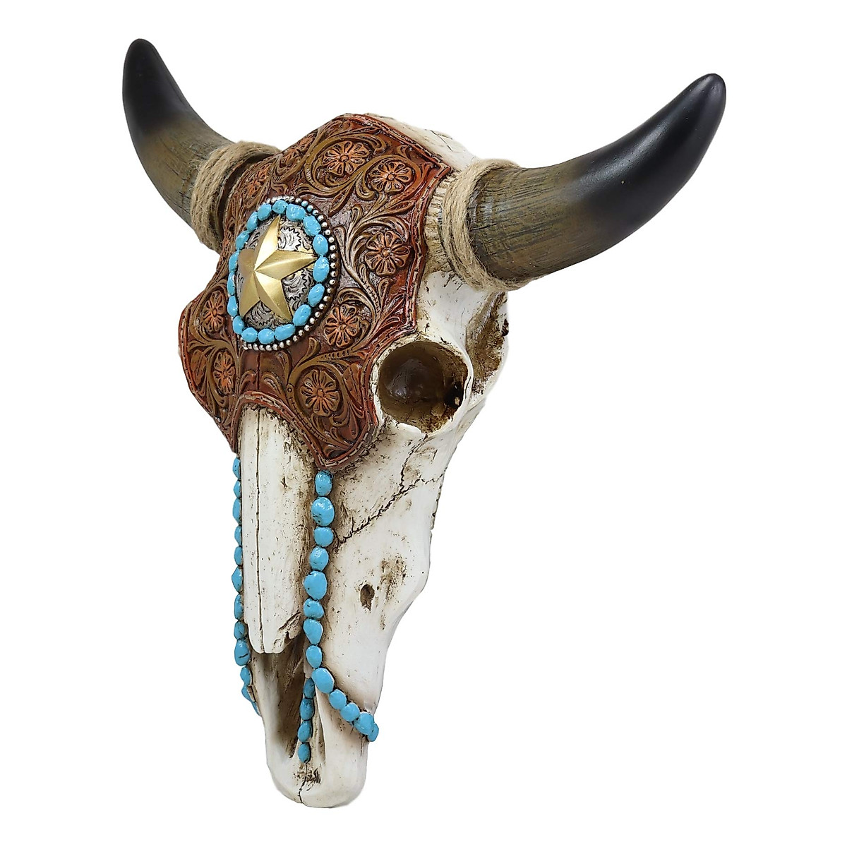 Ebros 13.25" Wide Western Star Tooled Leather Steer Bison Buffalo Bull Cow Horned Skull Head With Turquoise Beads Wall Mount Decor Replica Native Animal Totem Bust Skulls Hanging Plaque Sculpture