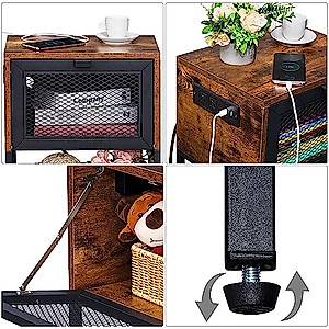 LEBOAHOUS Nightstand with Charging Station and USB Port, 3 Tier Industrial Night Stand, Bedside Table with Flip Storage Drawer and Open Shelf, End Side Table for Bedroom, Office, Dorm 26.2''H (Brown)