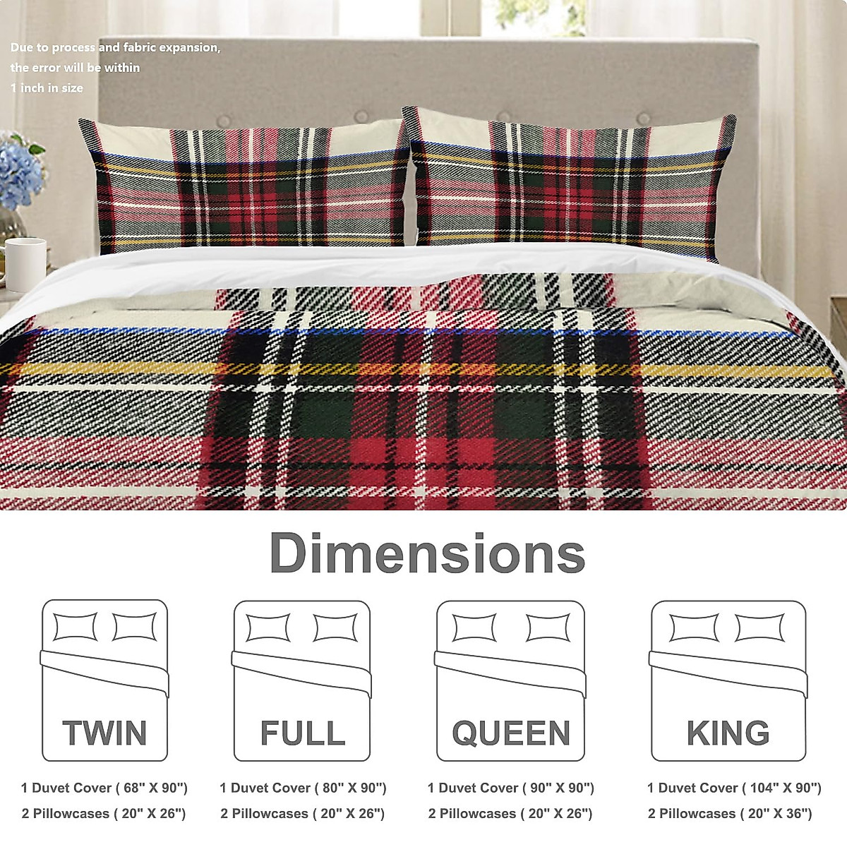 BaoNews Scottish Tartan Duvet Cover Set Twin Size,3 Pieces Green Wool Plaid Symmetric Square Fashion Bedding Set Hotel Quality PolyesterComforter Cover Set with 2 Pillowcases(No Filler)